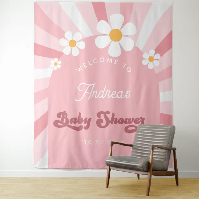 Pink Groovy Daisy Retro 70s Baby Shower Backdrop | Zazzle