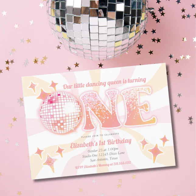 Pink Groovy Disco Dancing Queen First Birthday Invitation | Zazzle