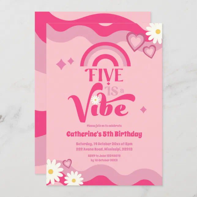 Pink Groovy Five is Vibe Birthday Invitation | Zazzle