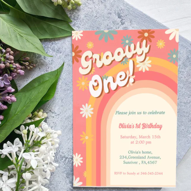 Pink groovy one daisy flower First birthday Invitation | Zazzle