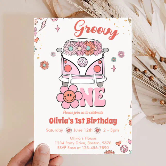 Pink Groovy One Retro 1st Birthday Invitation | Zazzle