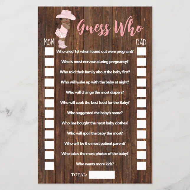 Pink Guess Who AA Cowgirl Baby Shower Game Card Flyer | Zazzle