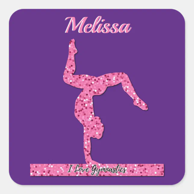 Pink Gymnastics Girl Sparkle Balance Beam Square Sticker | Zazzle