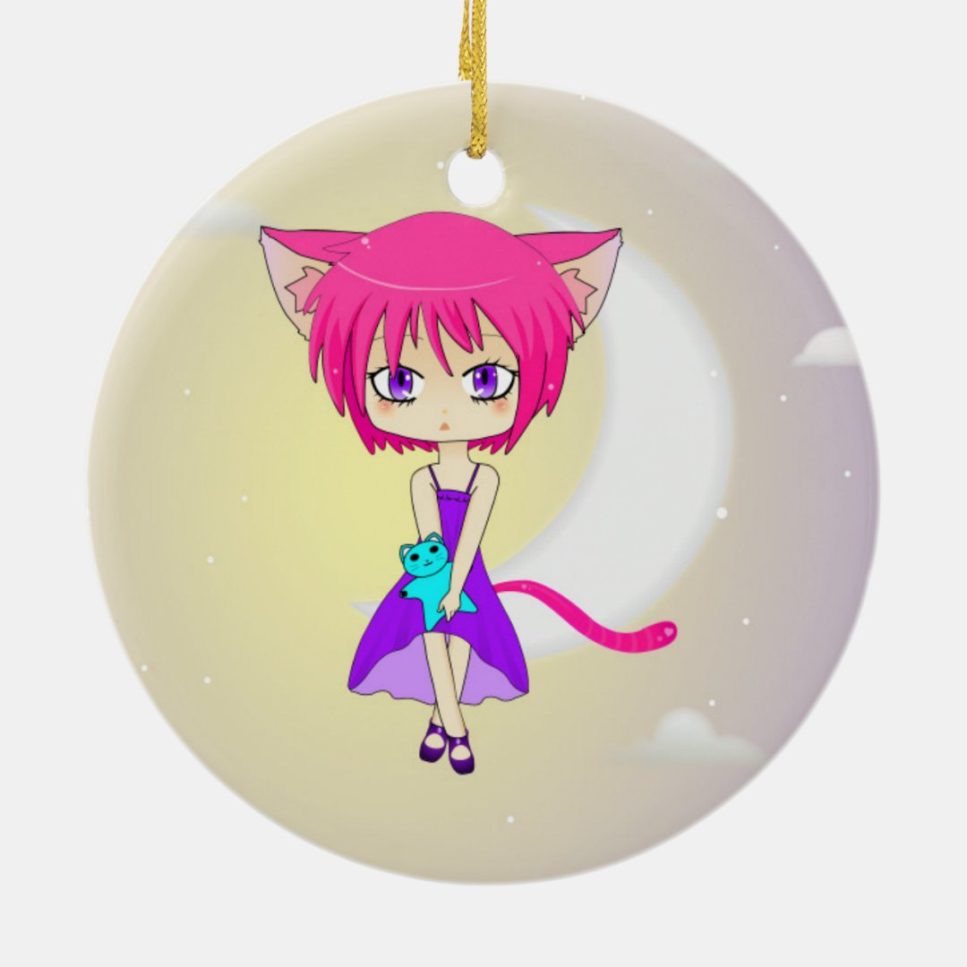 Pink Haired Neko Anime Girl, Ornament | Zazzle