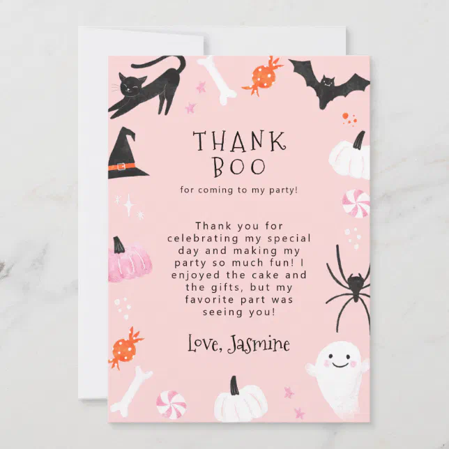 Pink Halloween Birthday Party Thank Boo Thank You Card | Zazzle