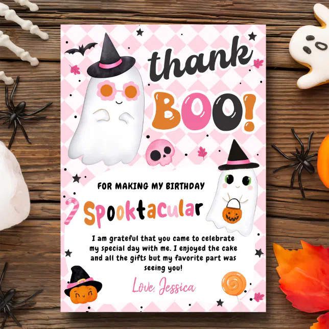 Pink Halloween Cute Ghost Birthday Thank You Card | Zazzle