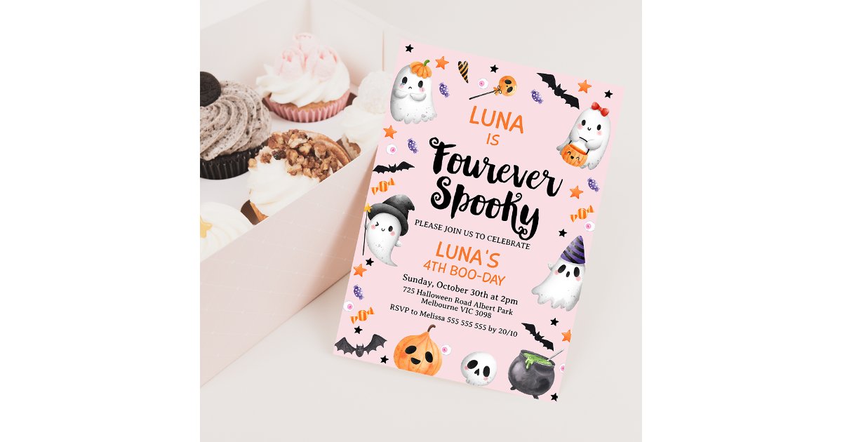 Pink Halloween Fourever Spooky 4th Birthday Invitation | Zazzle
