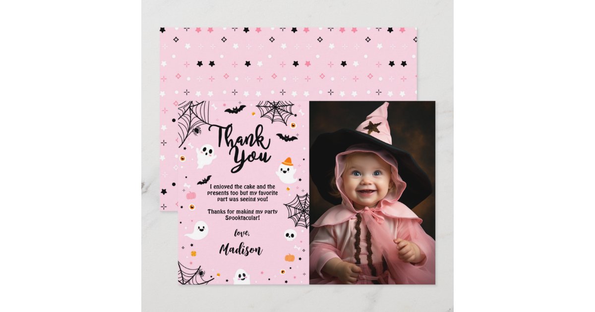 Pink Halloween Ghost Thank You Card with Photo | Zazzle