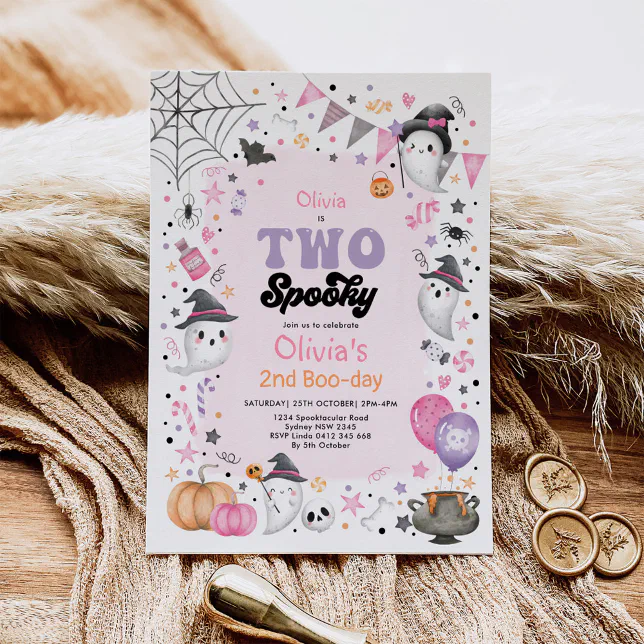 Pink Halloween Ghost Two Spooky 2nd Birthday Invitation | Zazzle