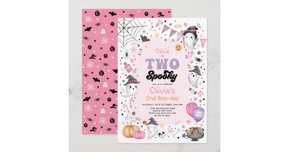 Pink Halloween Ghost Two Spooky 2nd Birthday Invitation | Zazzle