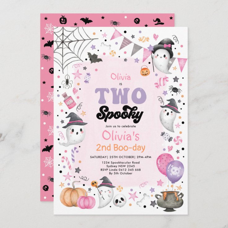 Pink Halloween Ghost Two Spooky 2nd Birthday Invitation | Zazzle