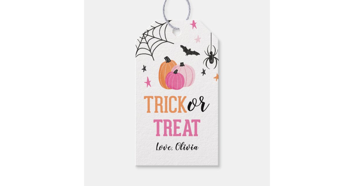 Pink Halloween Trick or Treat Pumpkins and Spiders Gift Tags | Zazzle