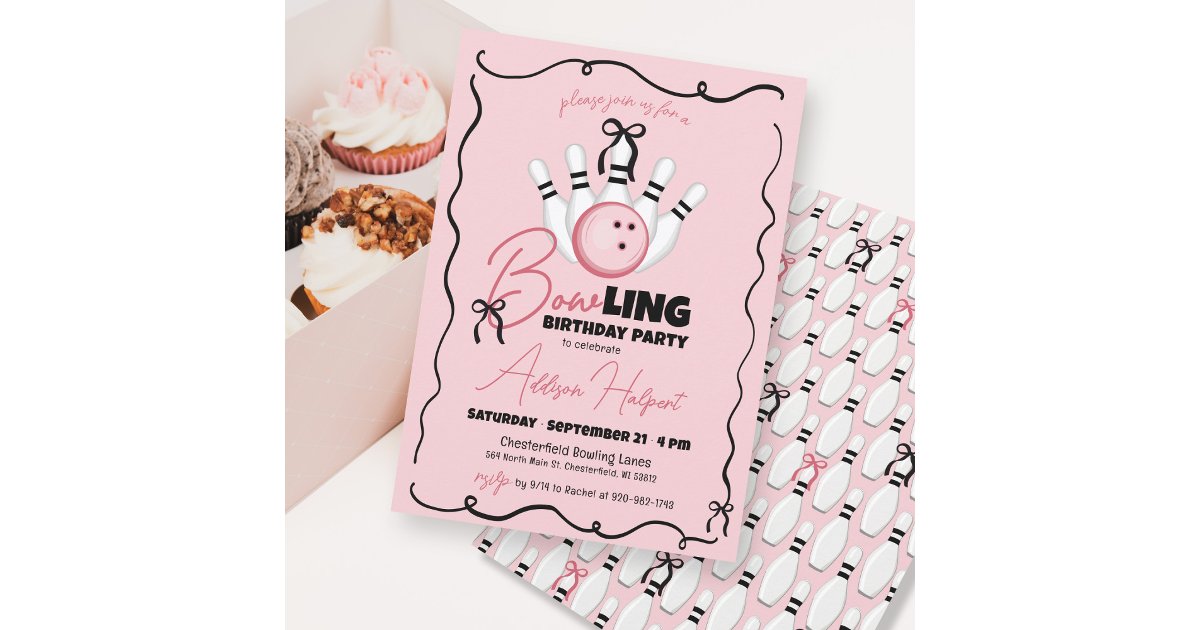 Pink Hand Drawn BOWling Bows Girl Birthday Party Invitation | Zazzle