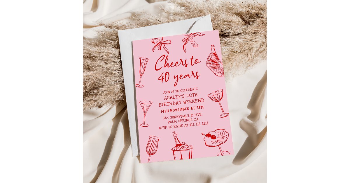 Pink Hand Drawn Funky 40th Birthday Party Invitation | Zazzle