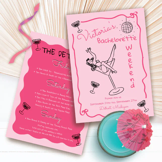Pink Hand drawn Funky Bachelorette Weekend Invitation | Zazzle
