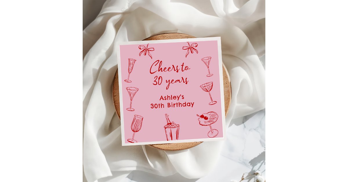 Pink Hand drawn Funky Cocktail Birthday Napkins | Zazzle