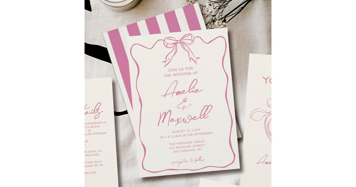 Pink Handdrawn Coquette Trendy Romantic Wedding Invitation | Zazzle