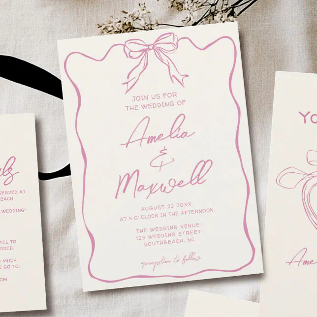 Pink Handdrawn Coquette Trendy Romantic Wedding Invitation | Zazzle