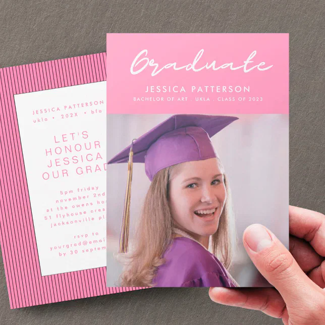 Pink Handwriting Graduate Editable Graduation Announcement | Zazzle