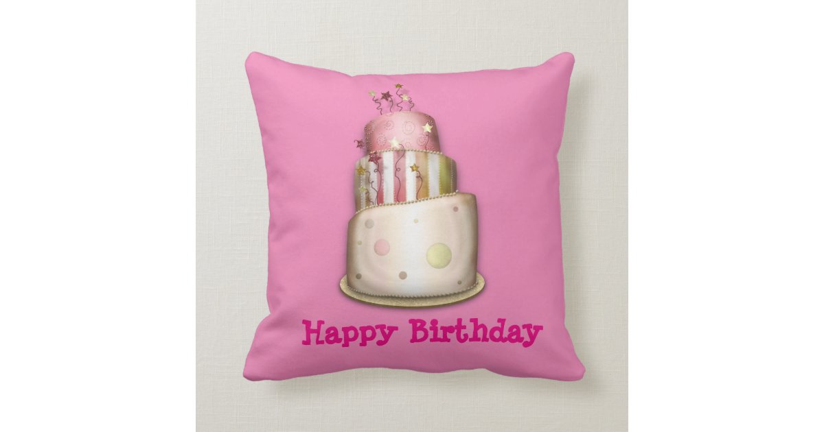 Pink "Happy Birthday" Pillow with Cake | Zazzle.com