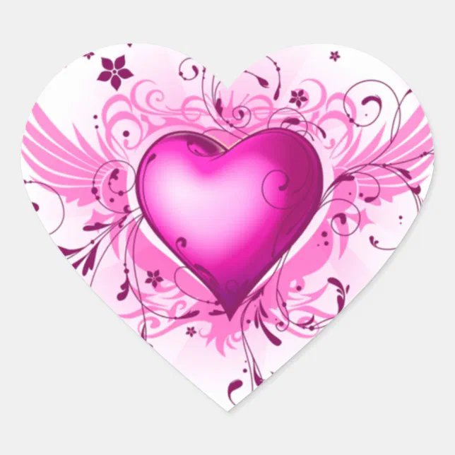 Pink Heart and Delicate Swirls and Flowers Heart Sticker | Zazzle