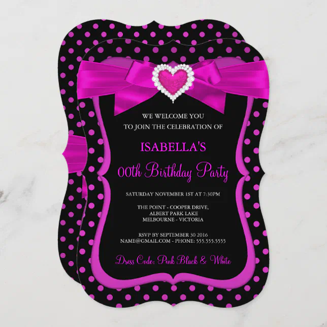 Pink Heart Bow Black Polka Dots Birthday Party Invitation | Zazzle