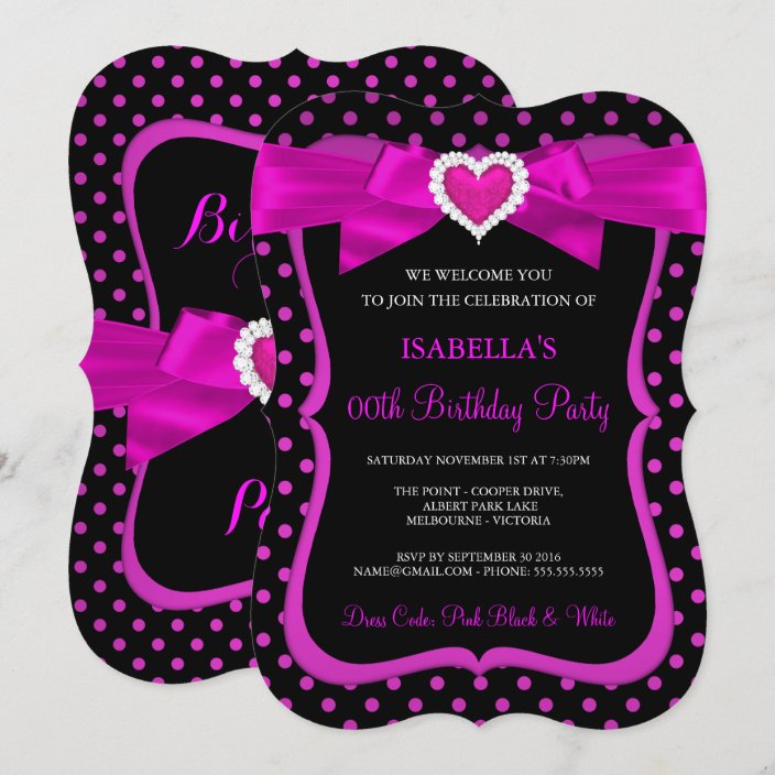Pink Heart Bow Black Polka Dots Birthday Party Invitation | Zazzle.com