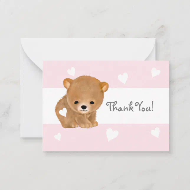 Pink Heart Brown Bear Thank You Notecards | Zazzle