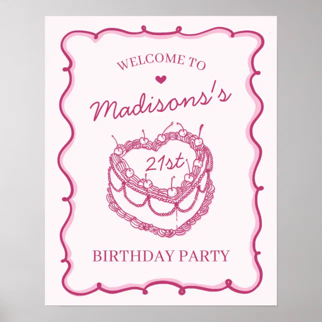 Pink Heart Coquette Cherry Cake Birthday Welcome Poster | Zazzle