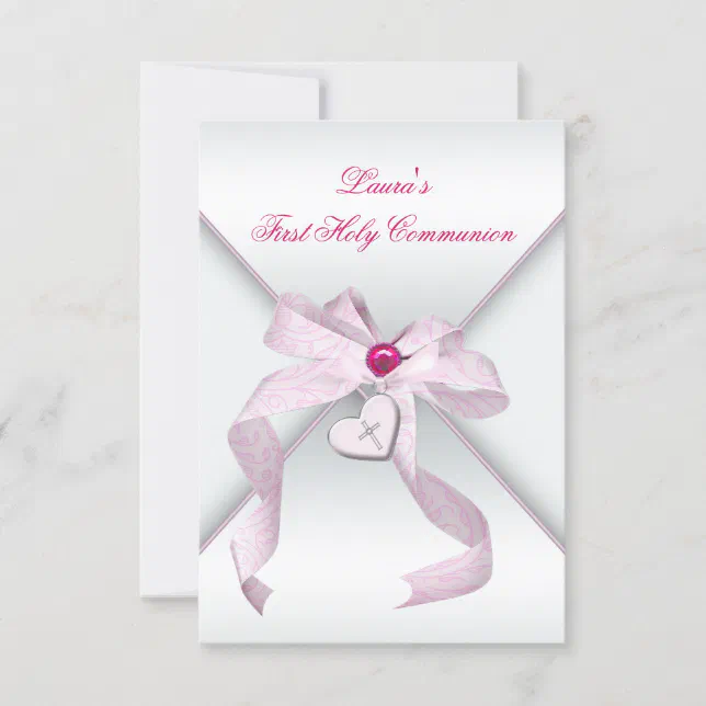 Pink Heart Cross Girls Pink First Communion Invitation | Zazzle