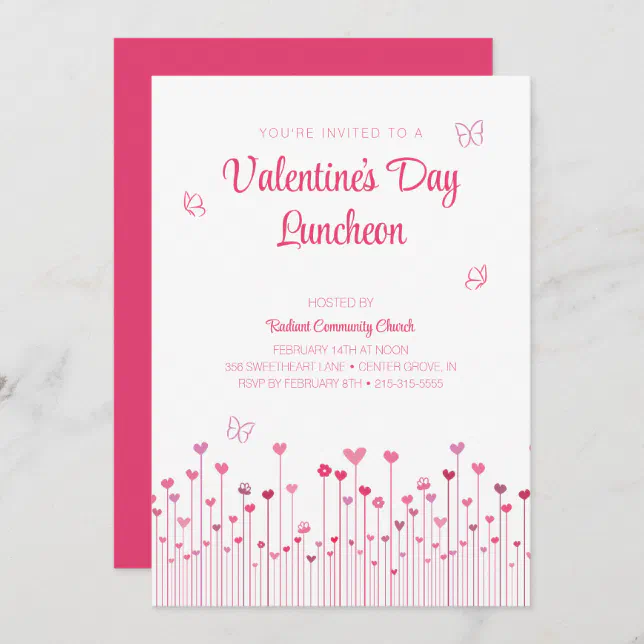Pink Heart Flowers Valentine's Day Luncheon Invitation | Zazzle