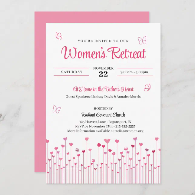 Pink Heart Flowers Women's Church Retreat Invitation | Zazzle