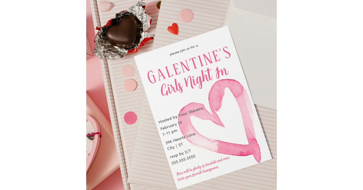 Pink Heart Galentine's Girls Night In Invitation | Zazzle