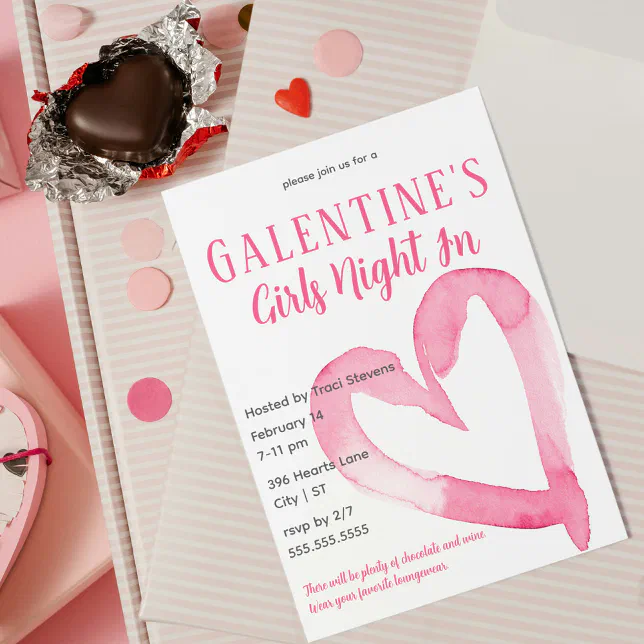 Pink Heart Galentine's Girls Night In Invitation | Zazzle
