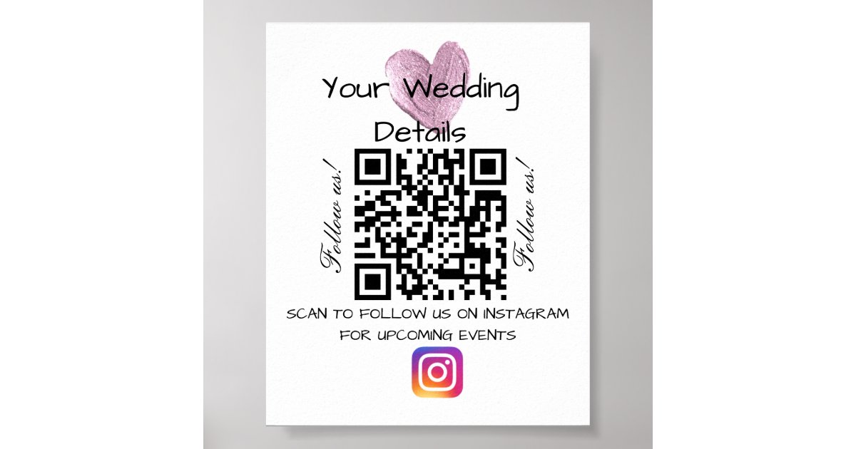 Pink heart glitter wedding qr code scan instagram poster | Zazzle