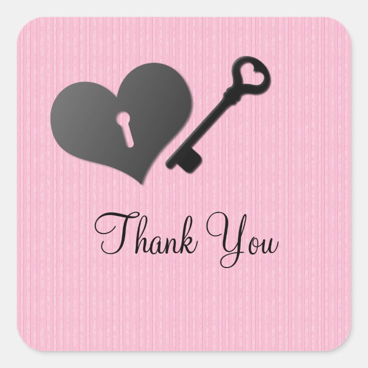 Pink Heart Lock and Key Thank You Stickers | Zazzle