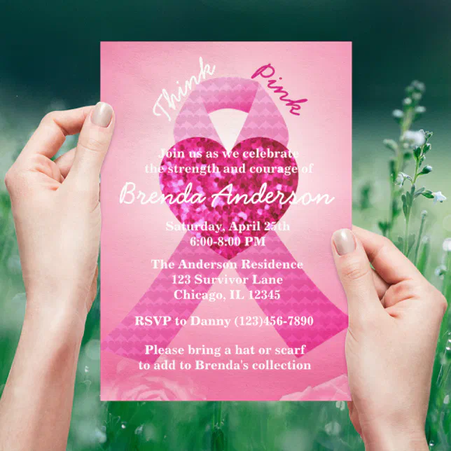 Pink Heart Ribbon Breast Cancer Awareness Party Invitation | Zazzle