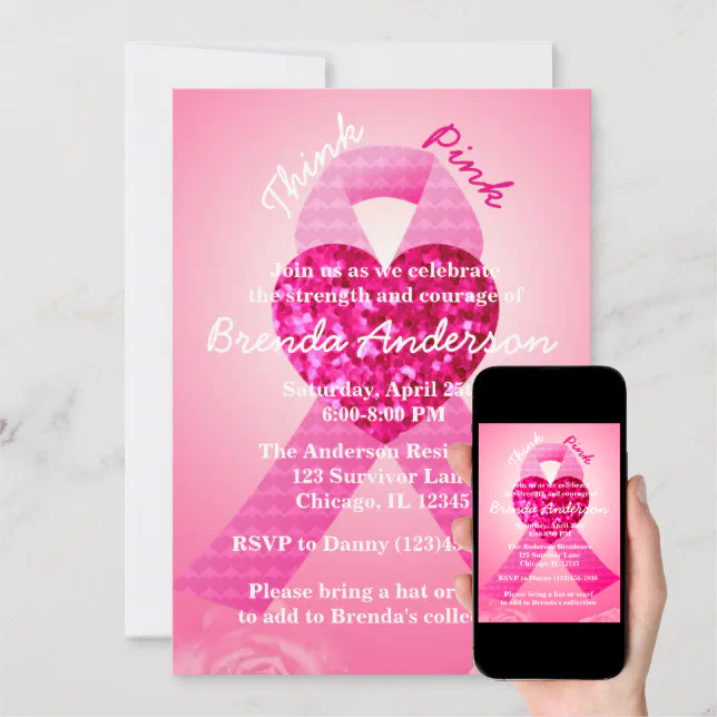 Pink Heart Ribbon Breast Cancer Awareness Party Invitation | Zazzle