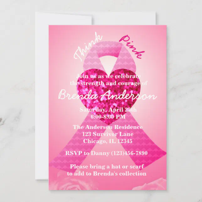 Pink Heart Ribbon Breast Cancer Awareness Party Invitation | Zazzle
