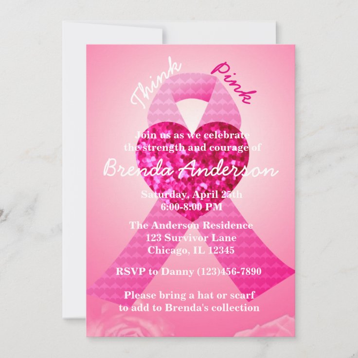 Pink Heart Ribbon Breast Cancer Awareness Party Invitation | Zazzle