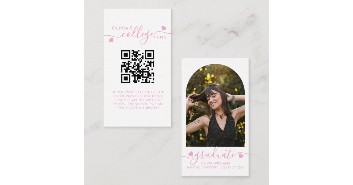 Pink Heart Script QR Code College Fund Arch Photo Enclosure Card | Zazzle