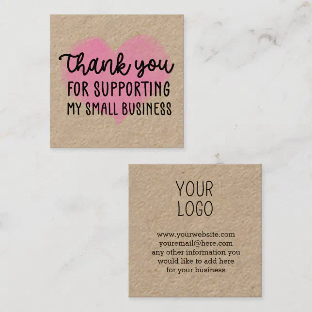 Pink Heart Thank You Supporting My Small Business Square Business Card ...