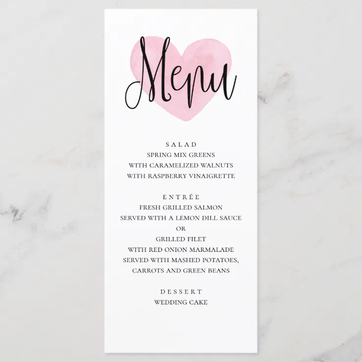 Pink heart wedding menu. Romantic modern dinner Menu | Zazzle