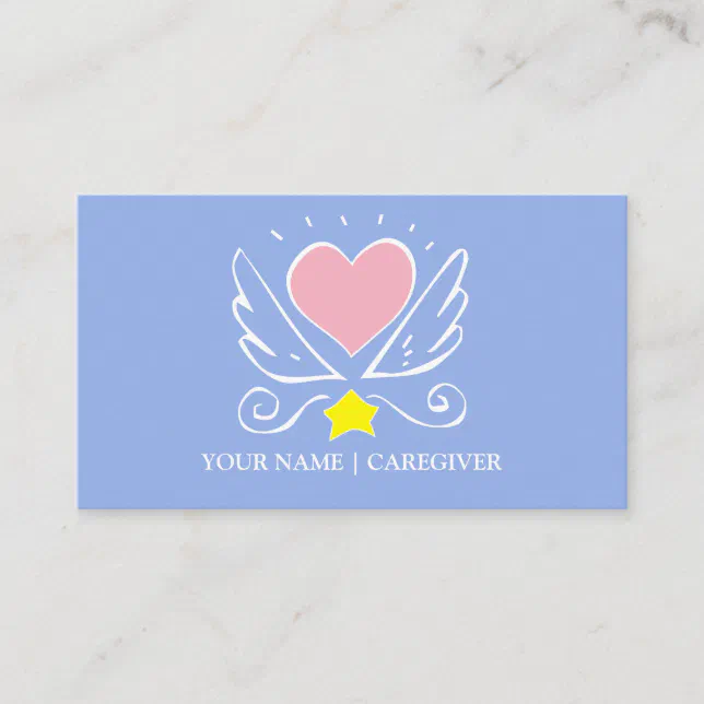 Pink Heart With Wings Caregiver On Blue Business Card | Zazzle