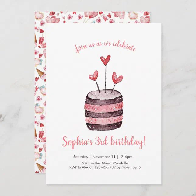 Pink Hearts Birthday Cake Invitation | Zazzle
