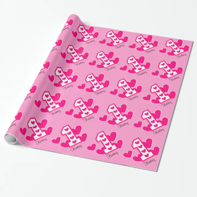 PINK HEARTS First Birthday Custom V05F2 Wrapping Paper | Zazzle
