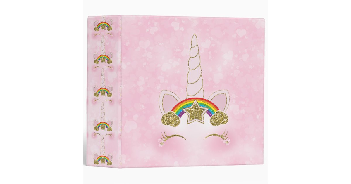 Pink Hearts Gold Rainbow Star Unicorn Horn Face 3 Ring Binder | Zazzle