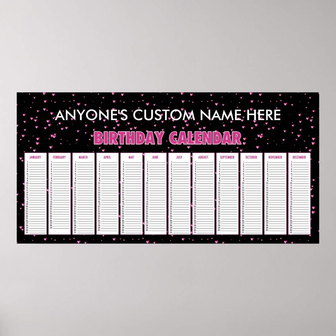Pink Hearts Perpetual Birthday Calendar Poster | Zazzle