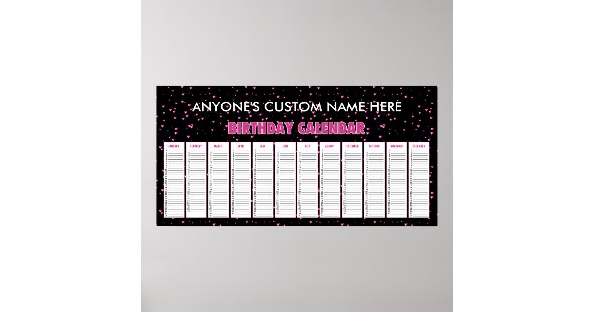Pink Hearts Perpetual Birthday Calendar Poster | Zazzle