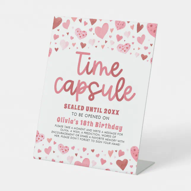 Pink Hearts Valentine 1st Birthday Time Capsule Pedestal Sign | Zazzle